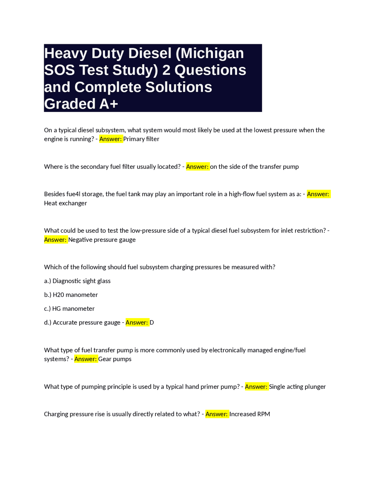 Heavy Duty Diesel (Michigan SOS Test Study) 2 Questions and Complete ...