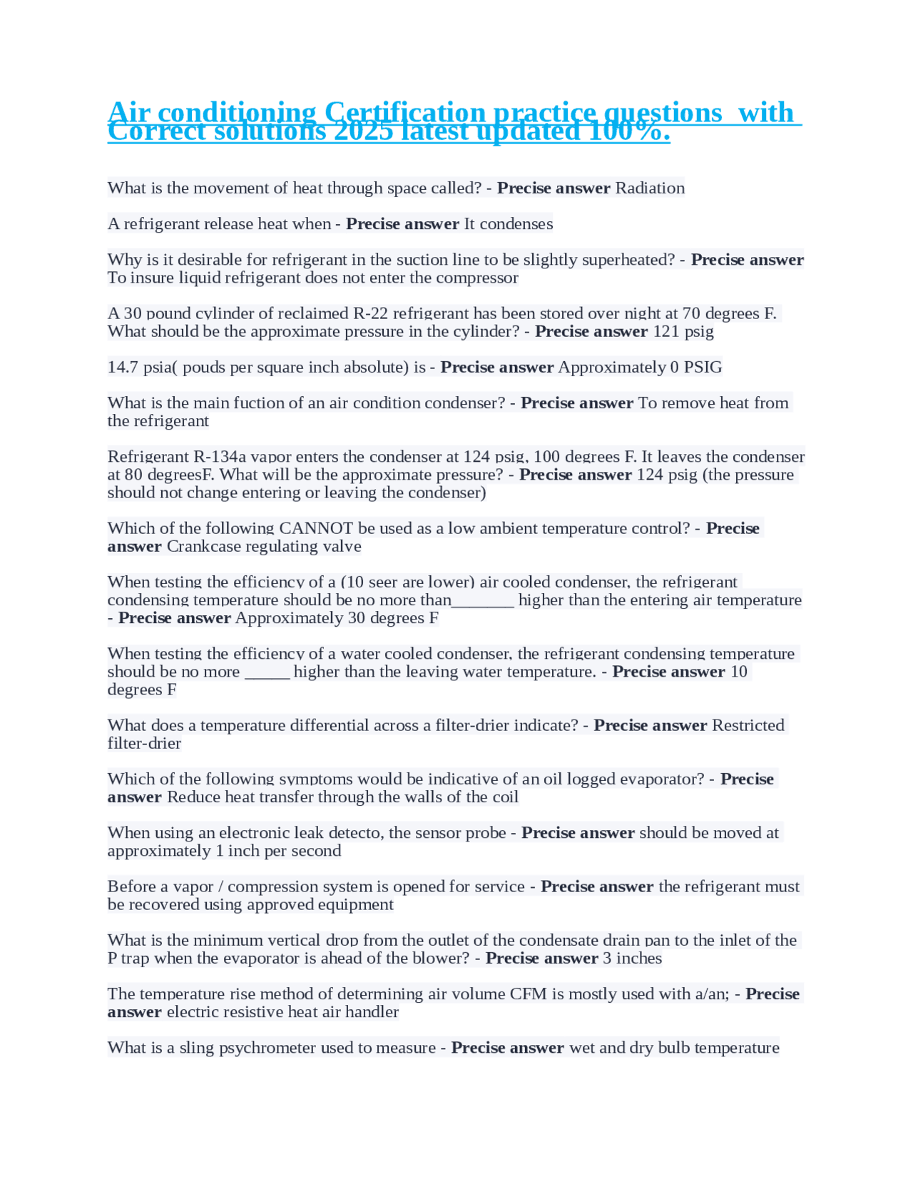 Air conditioning Certification practice questions with Correct ...
