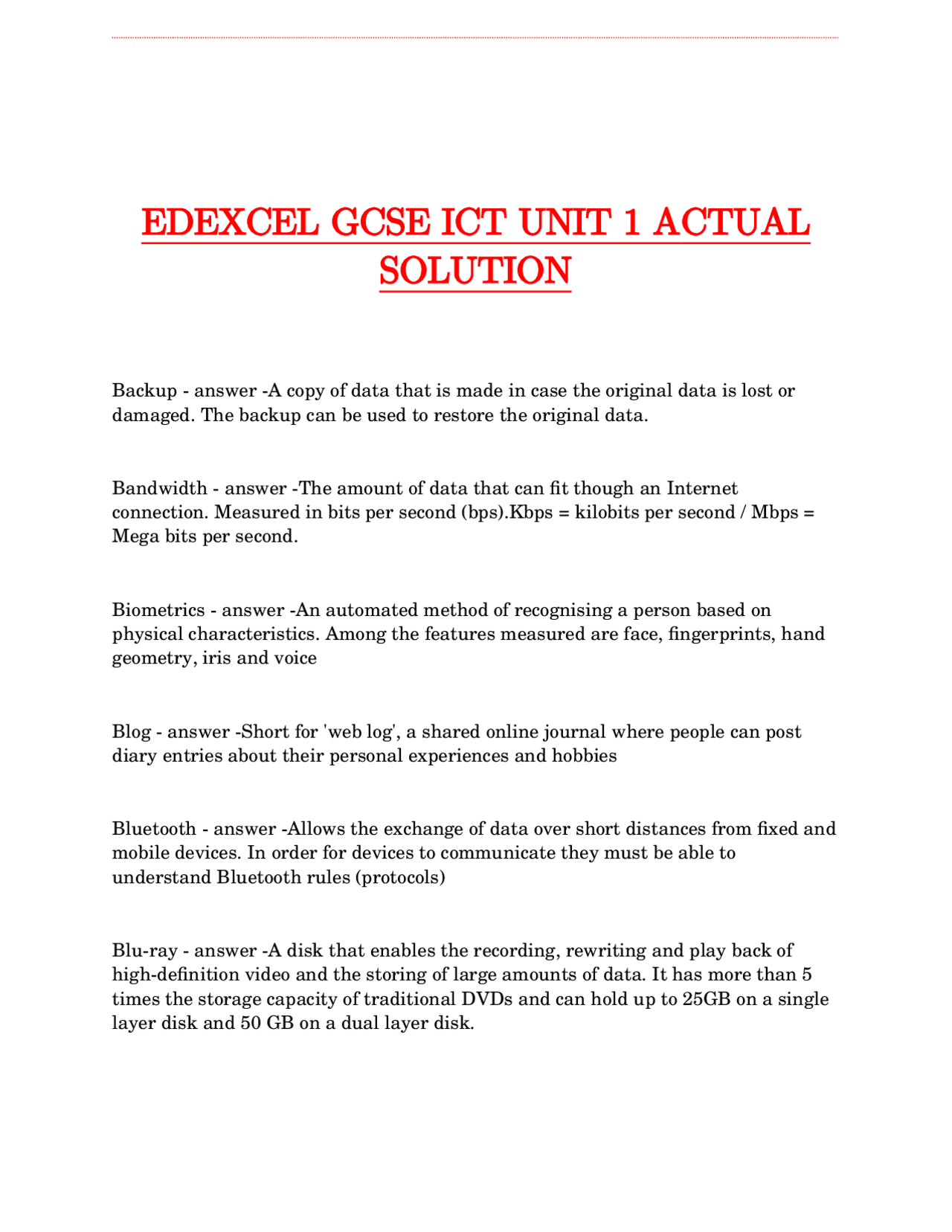 EDEXCEL GCSE ICT UNIT 1 ACTUAL SOLUTION.docx | Exams Nursing | Docsity