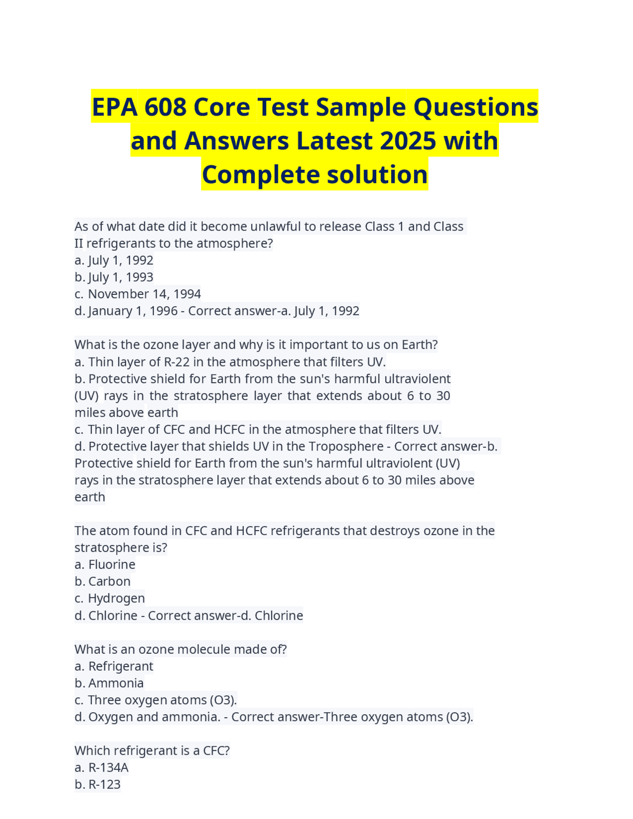 EPA 608 Core Test Sample Questions and Answers Latest 2025 with ...
