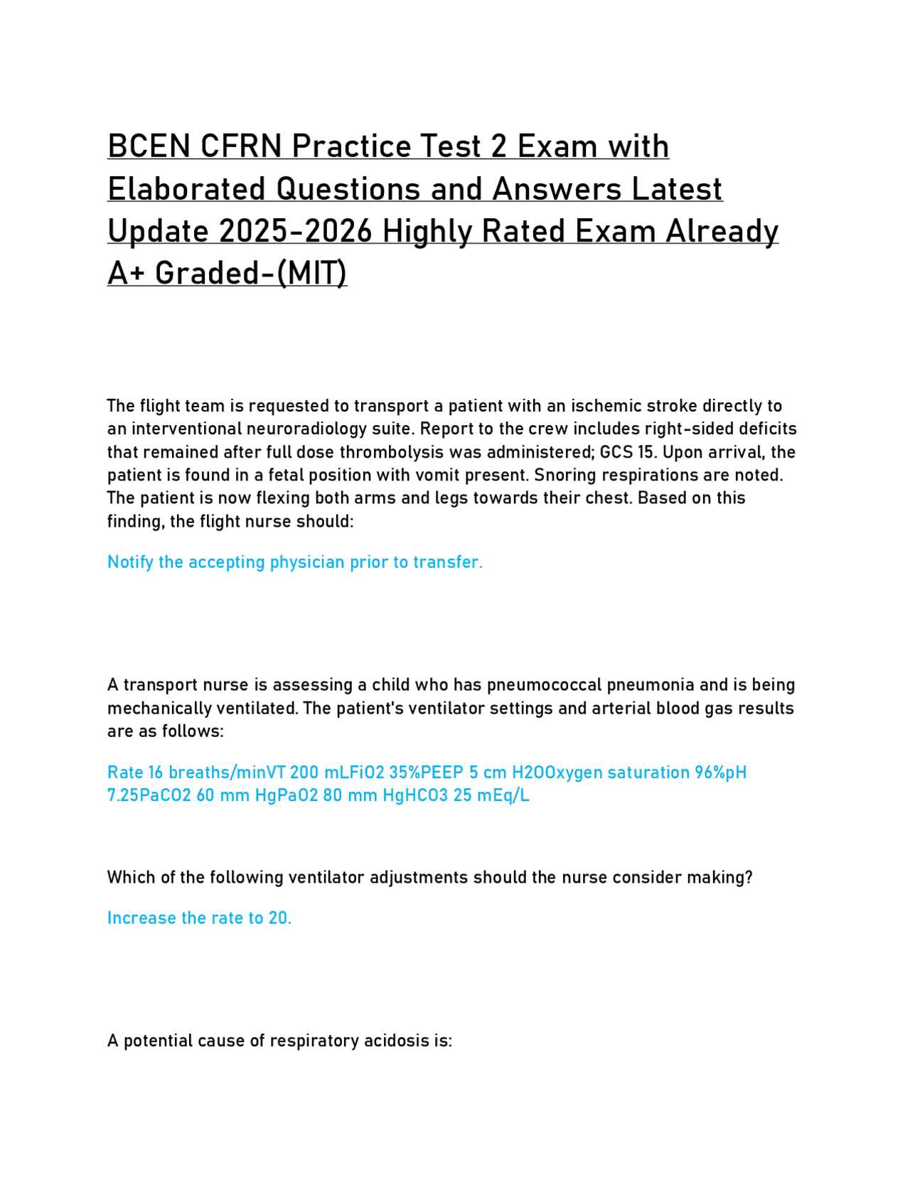 BCEN CFRN Practice Test 2 Exam with Elaborated Questions and Answers ...