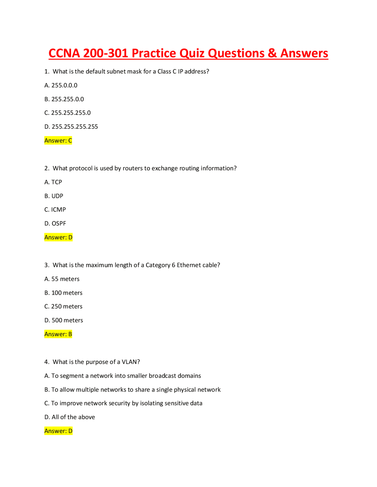 CCNA 200-301 Practice Quiz Questions & Answers | Exams Nursing | Docsity
