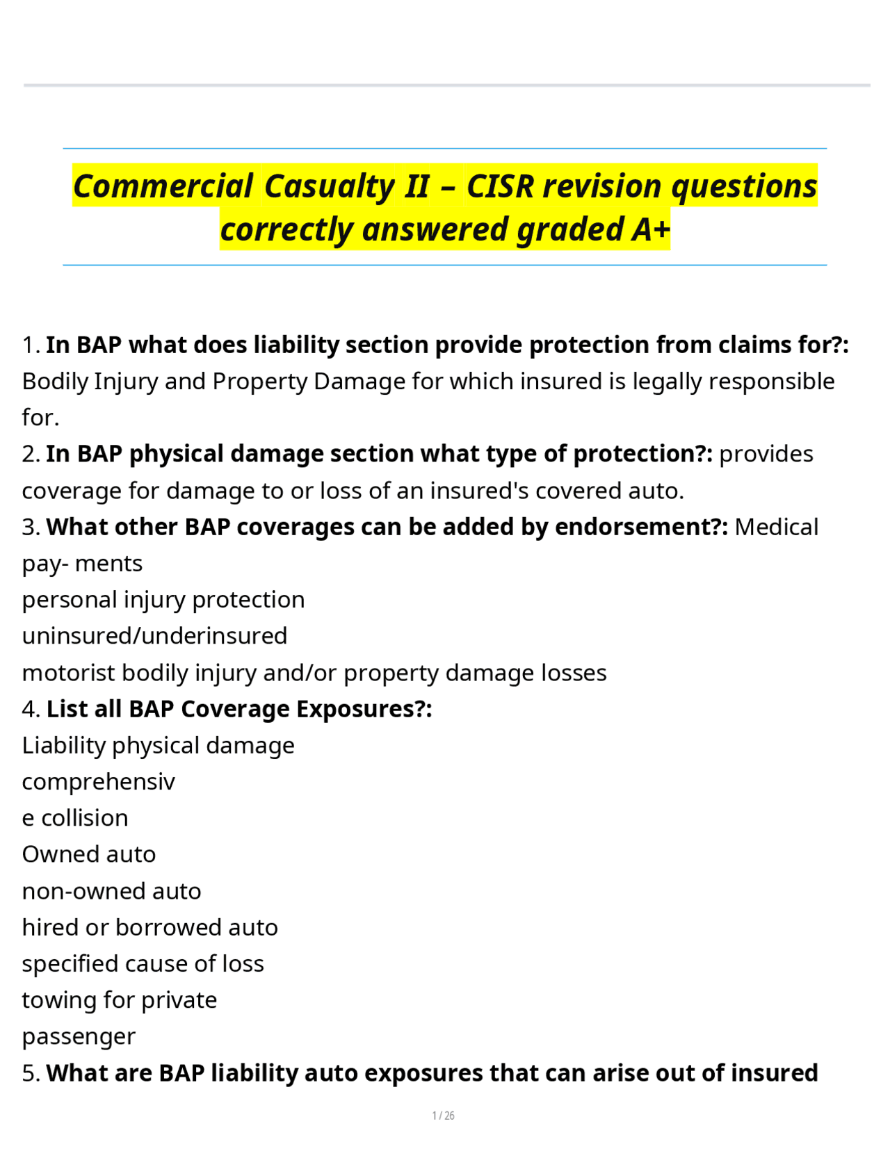 Commercial Casualty II – CISR revision questions correctly answered ...
