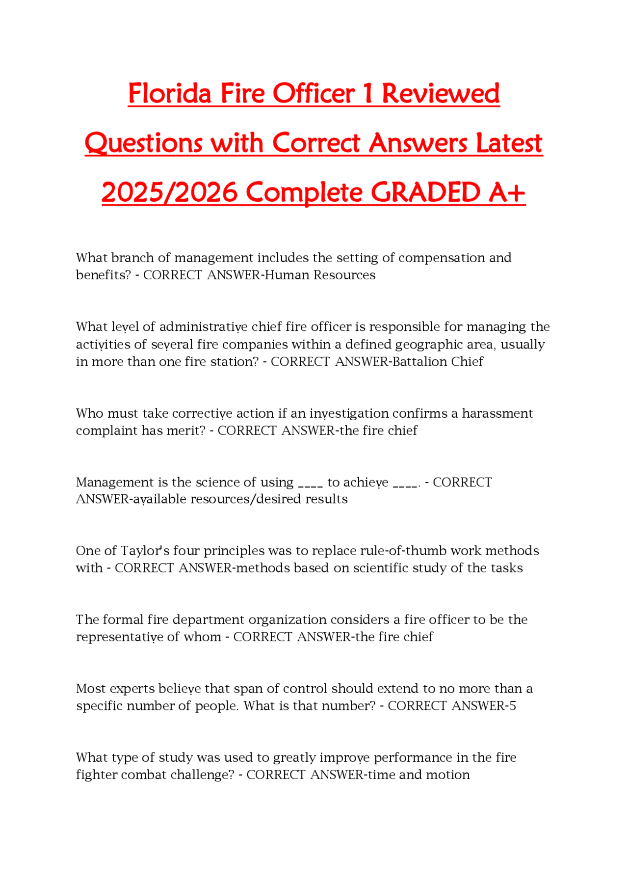 Florida Fire instructor I Test prep Questions with Correct Answers ...