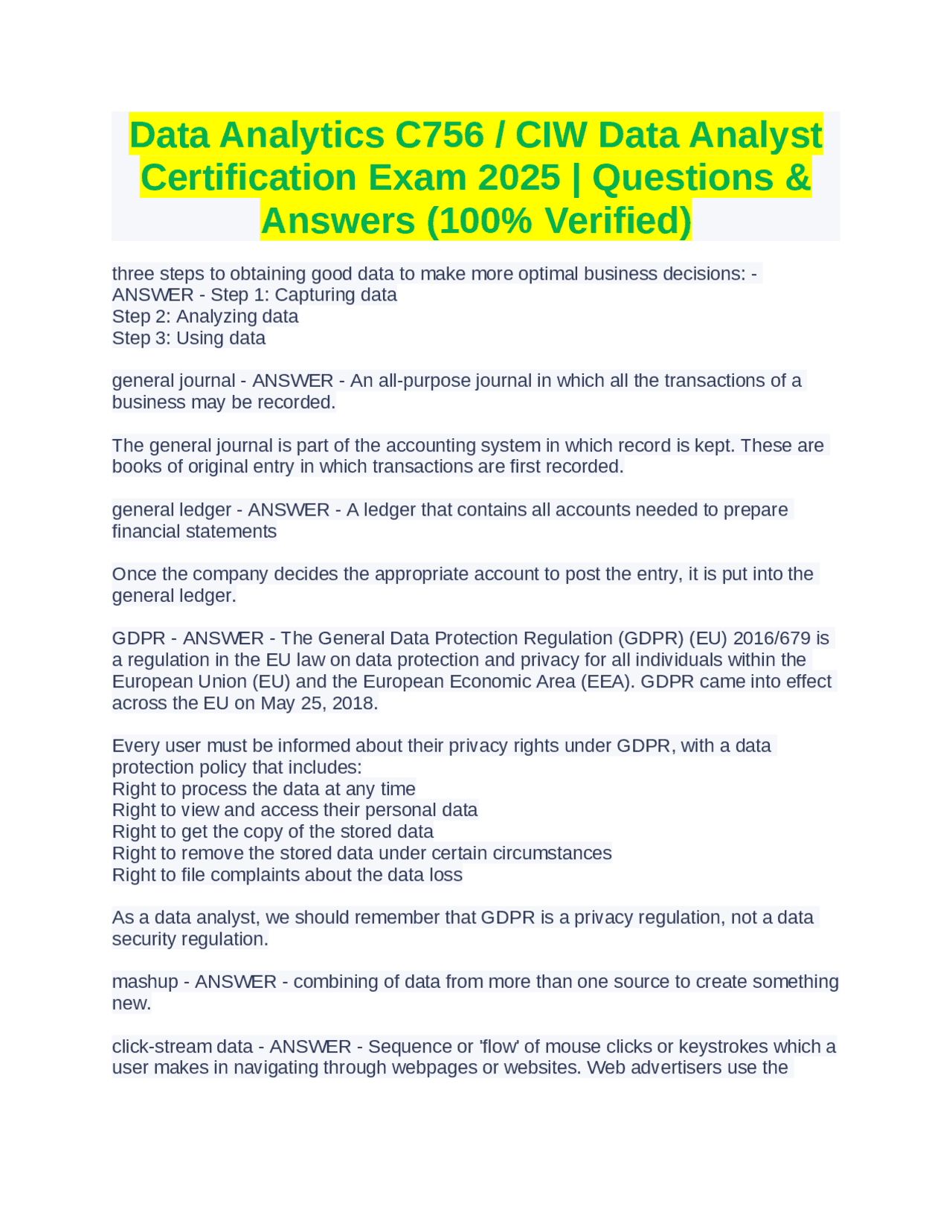 Data Analytics C756 / CIW Data Analyst Certification Exam 2025 | Questions & Answers (100% ...