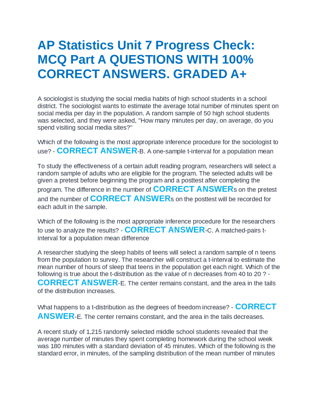 AP Statistics Unit 7 Progress Check: MCQ Part A QUESTIONS WITH 100% CORRECT ANSWERS. GRADE ...