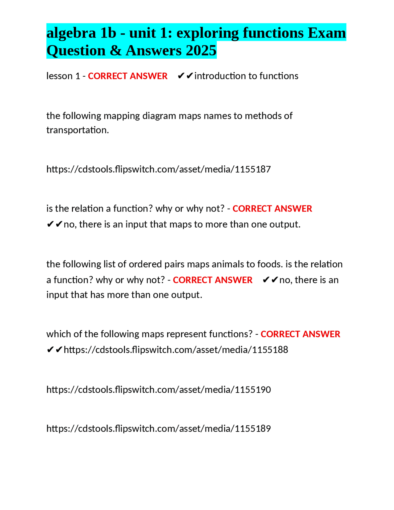 algebra 1b - unit 1: exploring functions Exam Question & Answers 2025 | Exams Nursing | Docsity