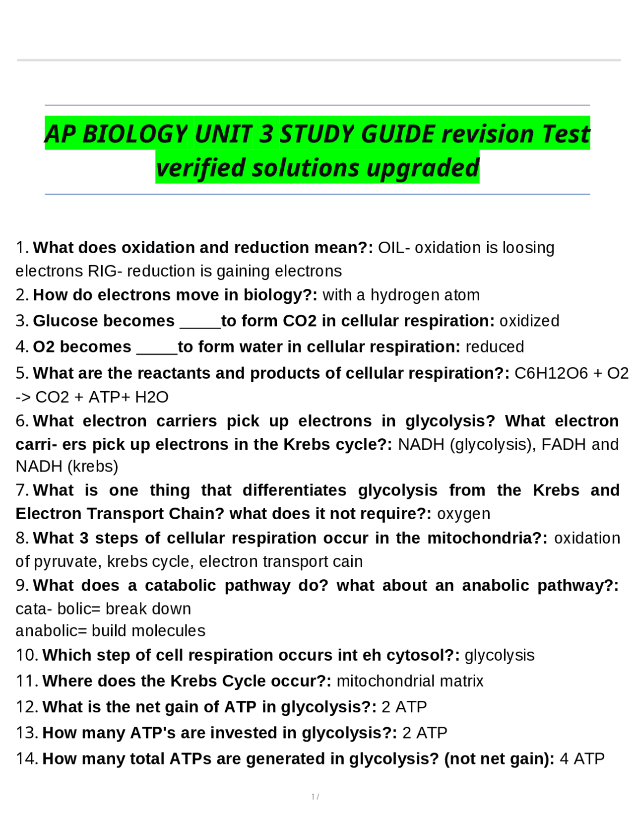 AP BIOLOGY UNIT 3 STUDY GUIDE revision Test verified solutions upgraded ...