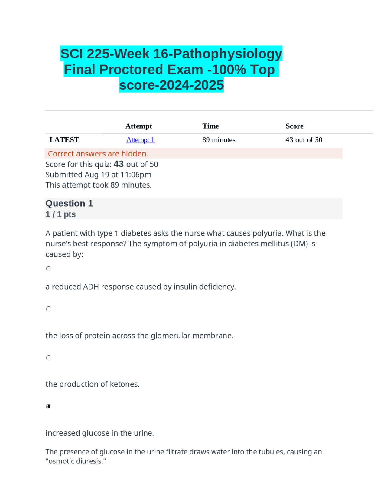 SCI 225-Week 16-Pathophysiology Final Proctored Exam -100% Top score-2025 | Exams Nursing | Docsity