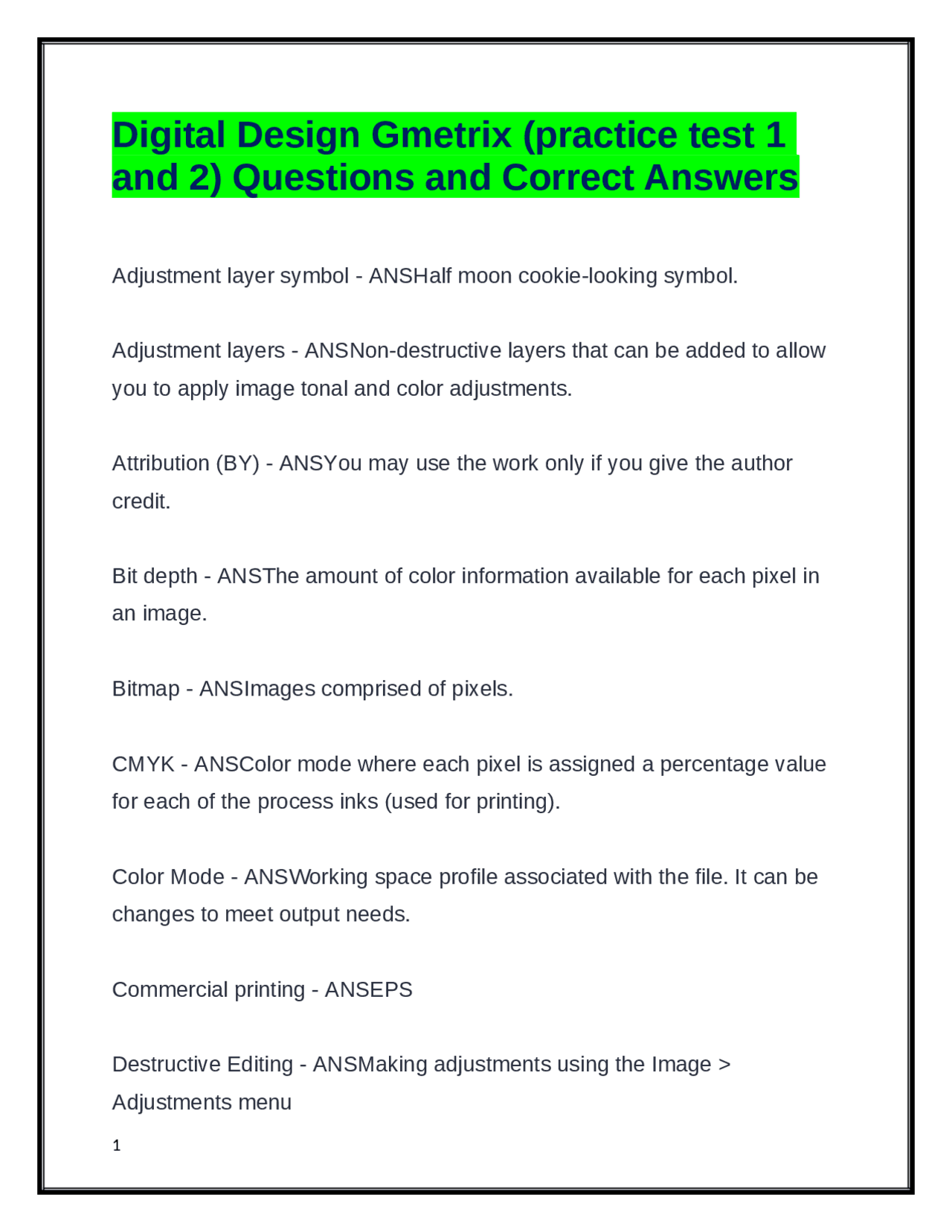 Digital Design Gmetrix (practice test 1 and 2) Questions and Answers ...