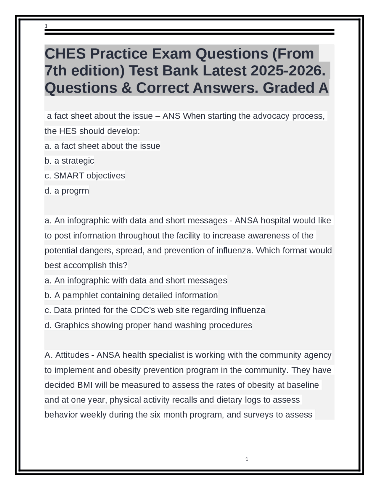 CHES Practice Exam Questions (From 7th edition) Test Bank Latest 2025 ...