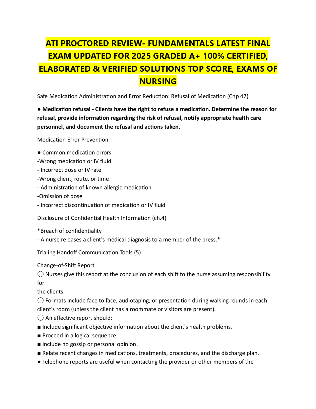 ATI PROCTORED REVIEW- FUNDAMENTALS LATEST FINAL EXAM UPDATED FOR 2025 ...