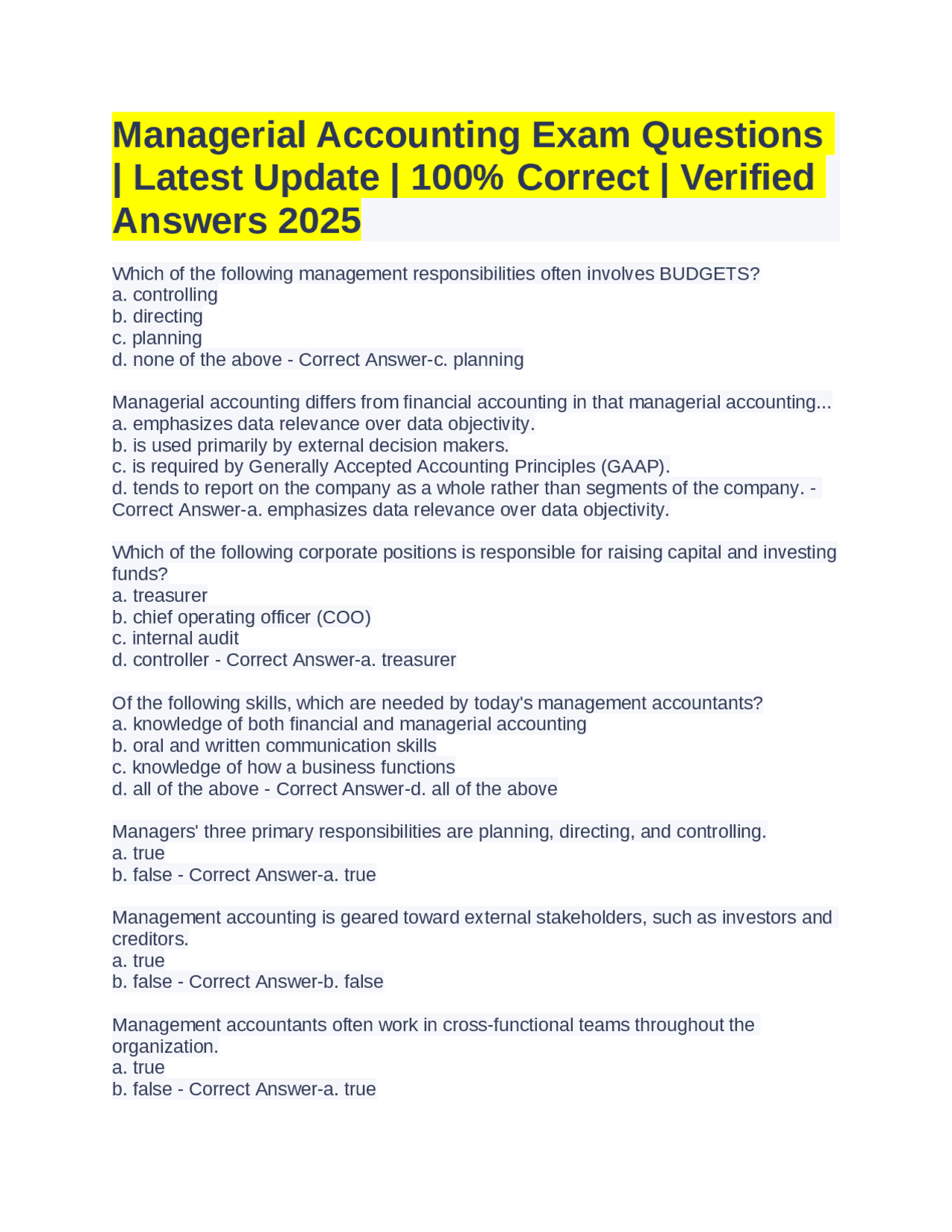 Managerial Accounting Exam Questions | Latest Update | 100% Correct ...