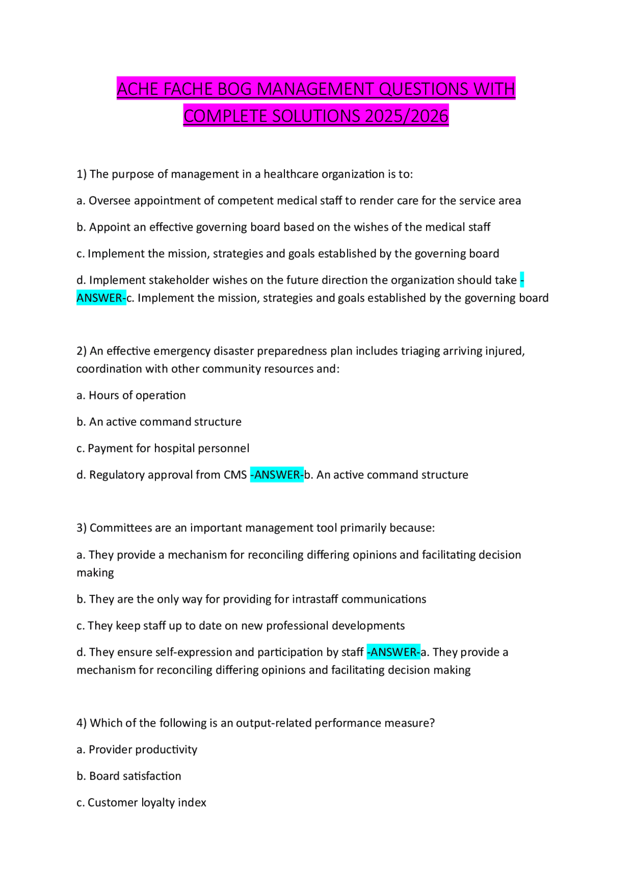 ACHE FACHE BOG MANAGEMENT QUESTIONS WITH COMPLETE SOLUTIONS 2025 ...