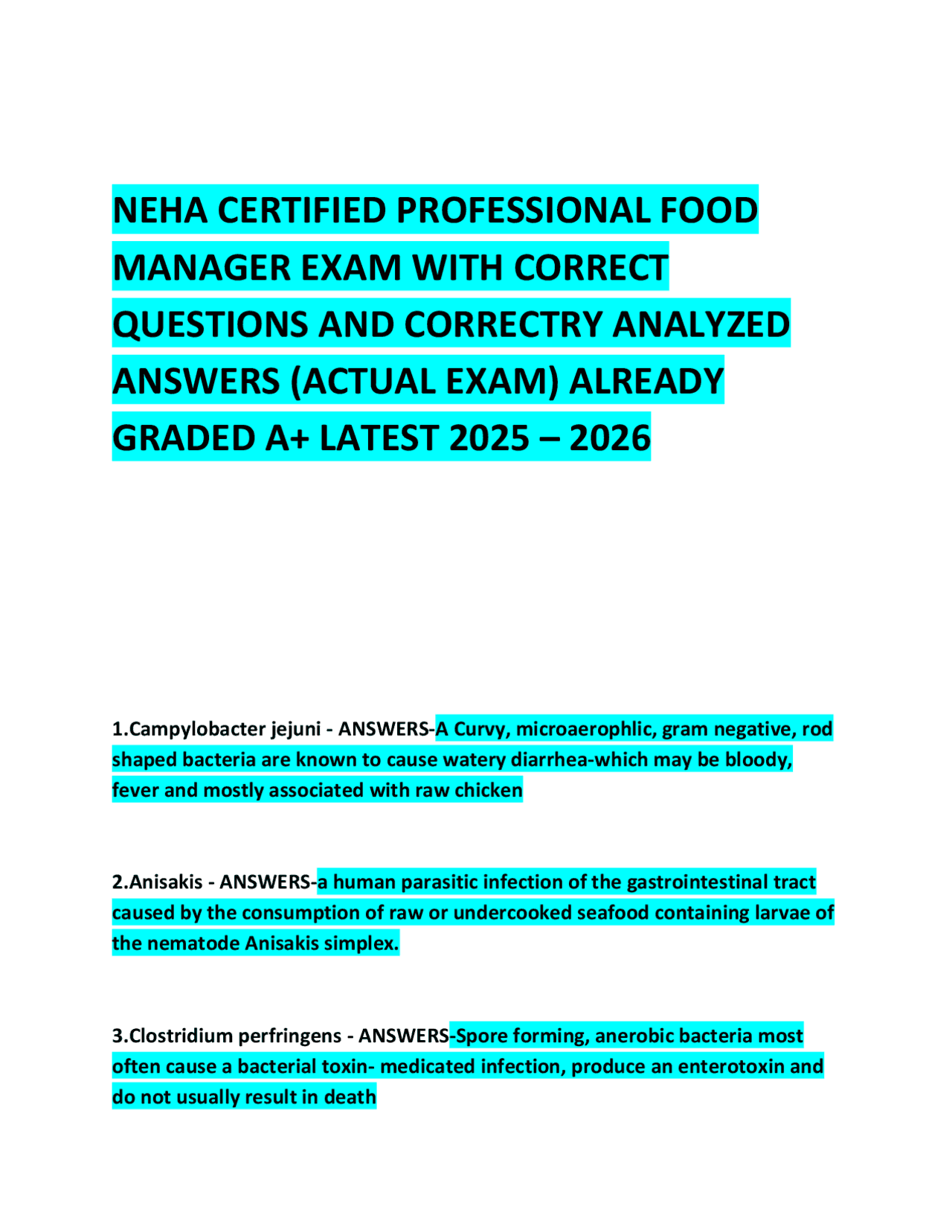 NEHA CERTIFIED PROFESSIONAL FOOD MANAGER EXAM WITH CORRECT QUESTIONS ...