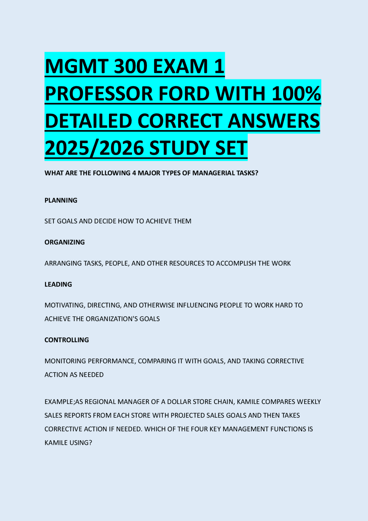 MGMT 300 EXAM 1 PROFESSOR FORD WITH 100% DETAILED CORRECT ANSWERS 2025/ ...