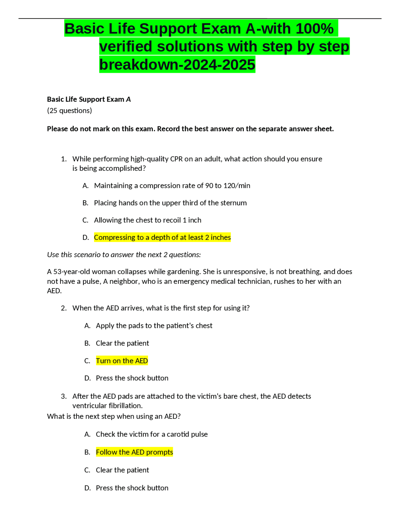 Basic life support exam 2025 with 100% verified solutions | Exams ...
