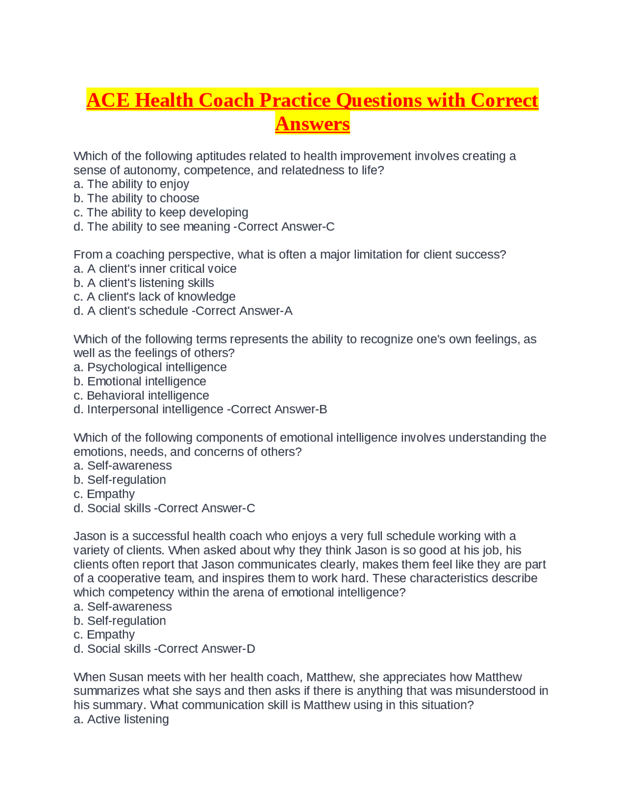 ACE Health Coach Practice Questions with Correct Answers | Exams ...