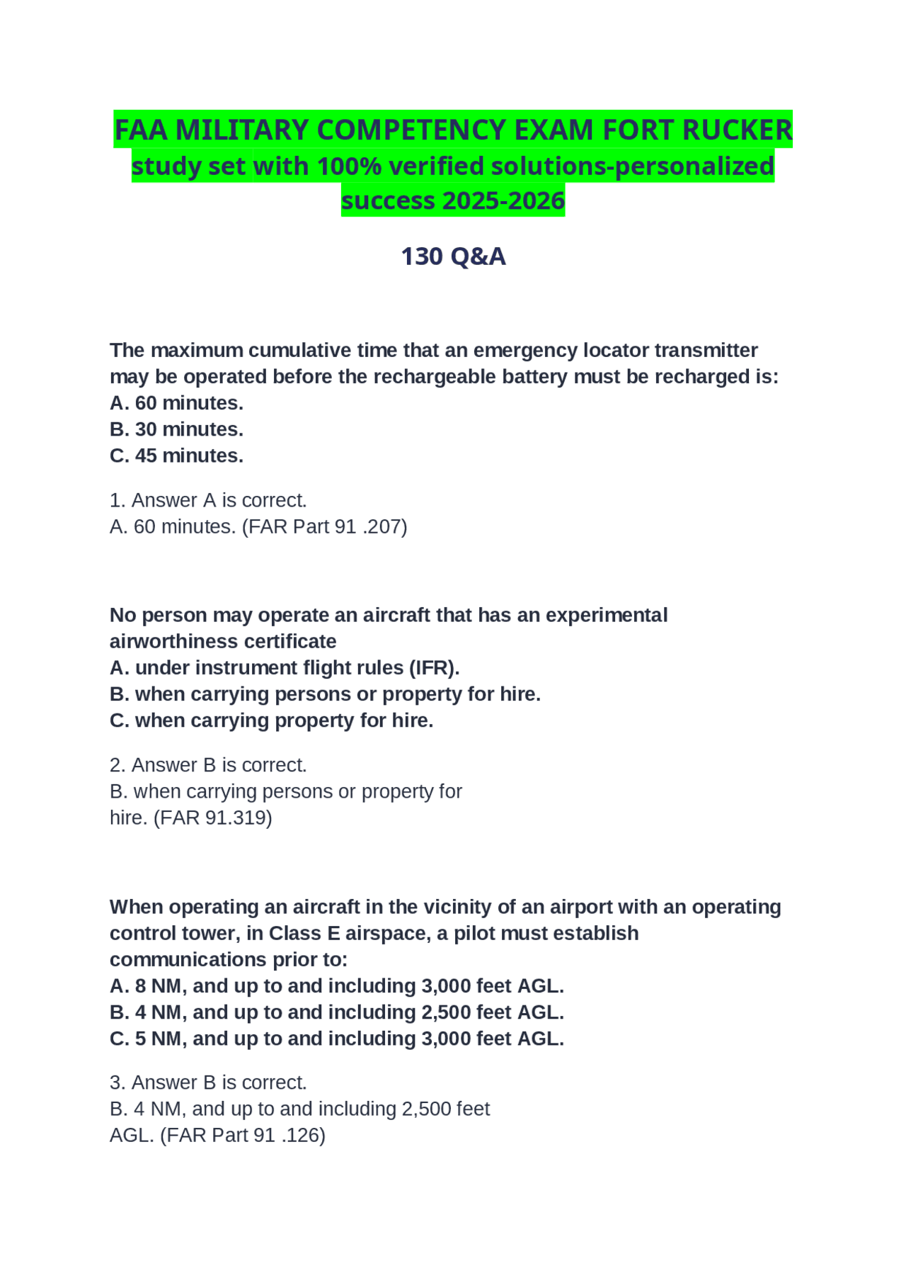 FAA MILITARY COMPETENCY EXAM FORT RUCKER study set with 100% verified ...