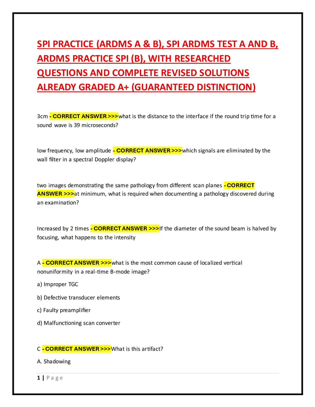 SPI PRACTICE (ARDMS A & B), SPI ARDMS TEST A AND B, ARDMS PRACTICE SPI ...