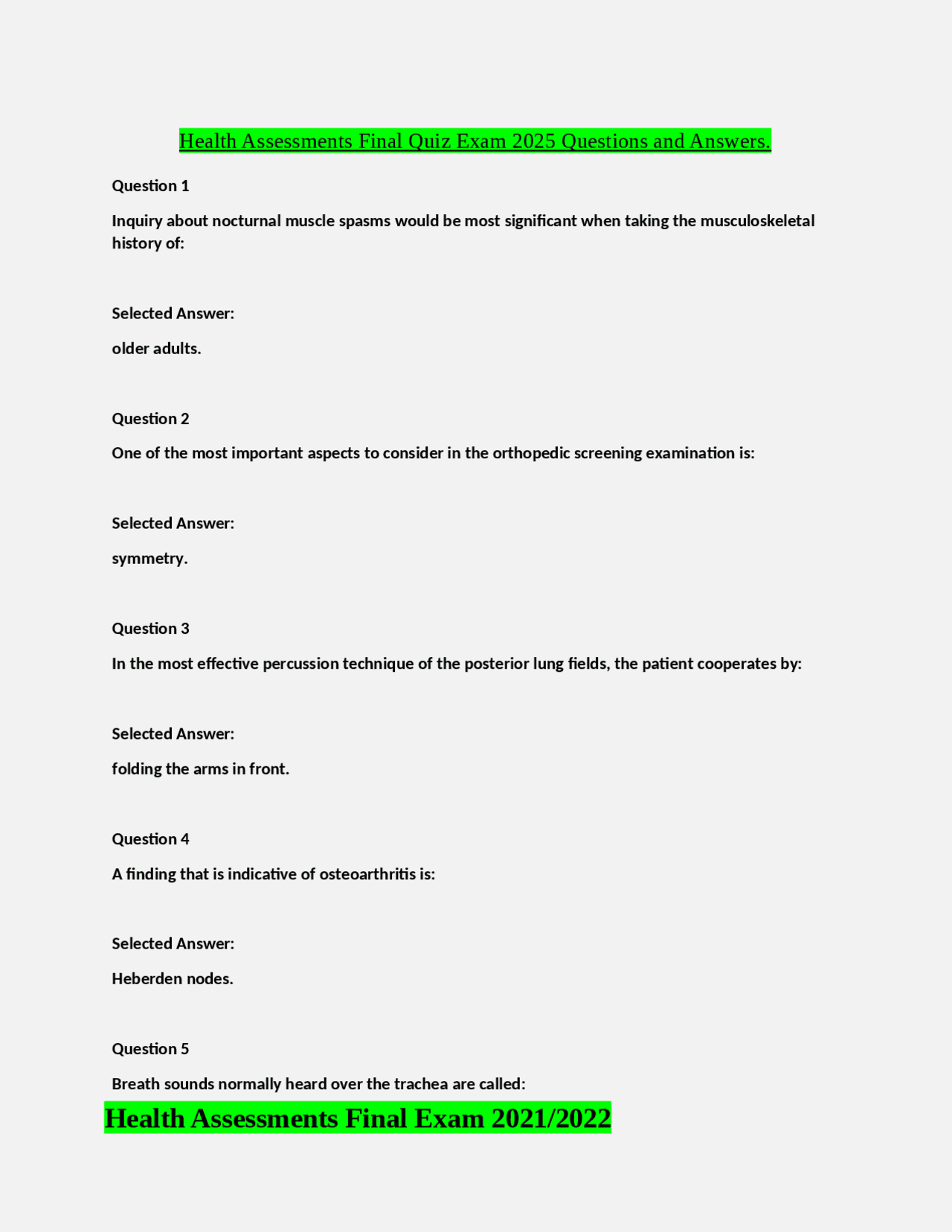 Health Assessments Final Quiz Exam 2025 Questions and Answers. | Exams ...