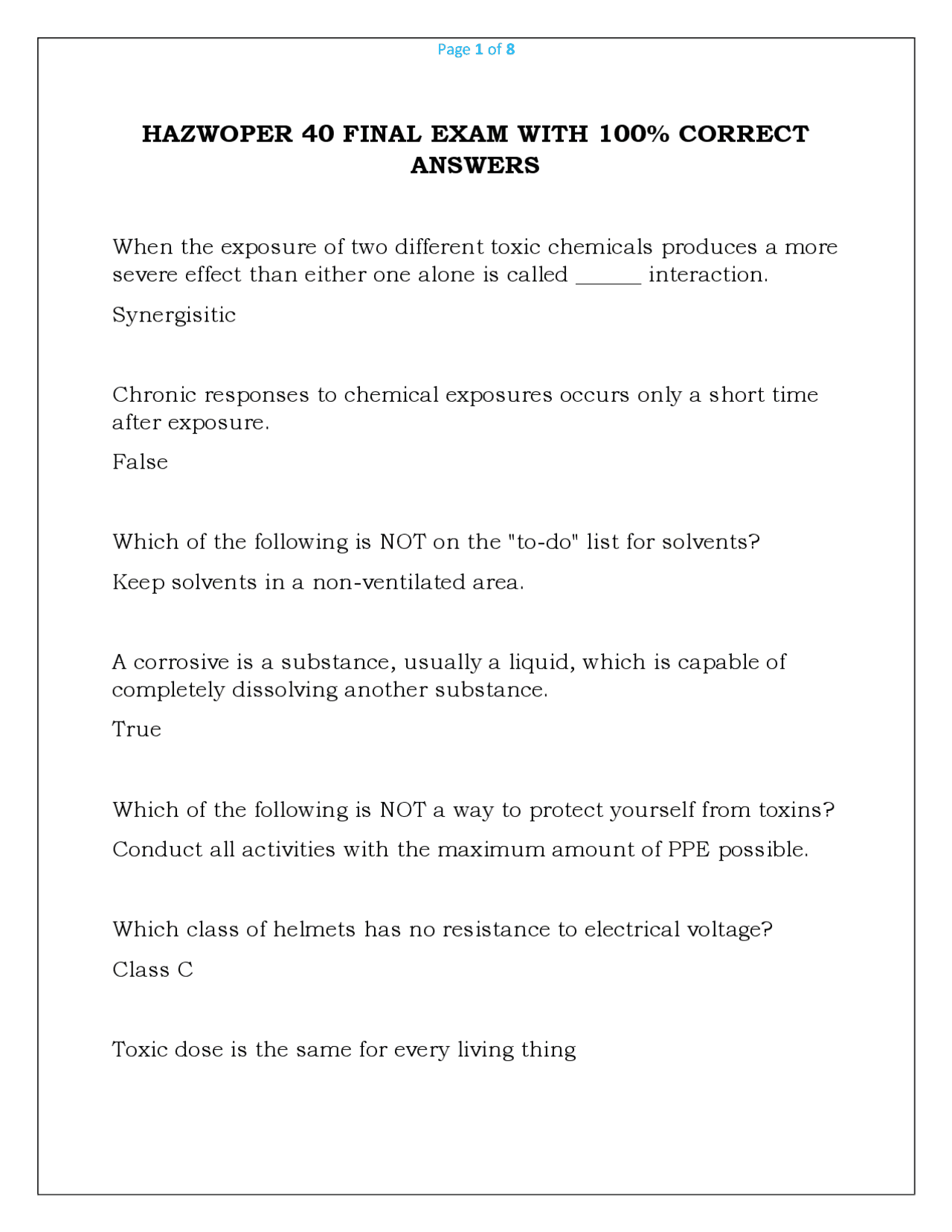 HAZWOPER 40 FINAL EXAM WITH 100% CORRECT ANSWERS | Exams Nursing | Docsity