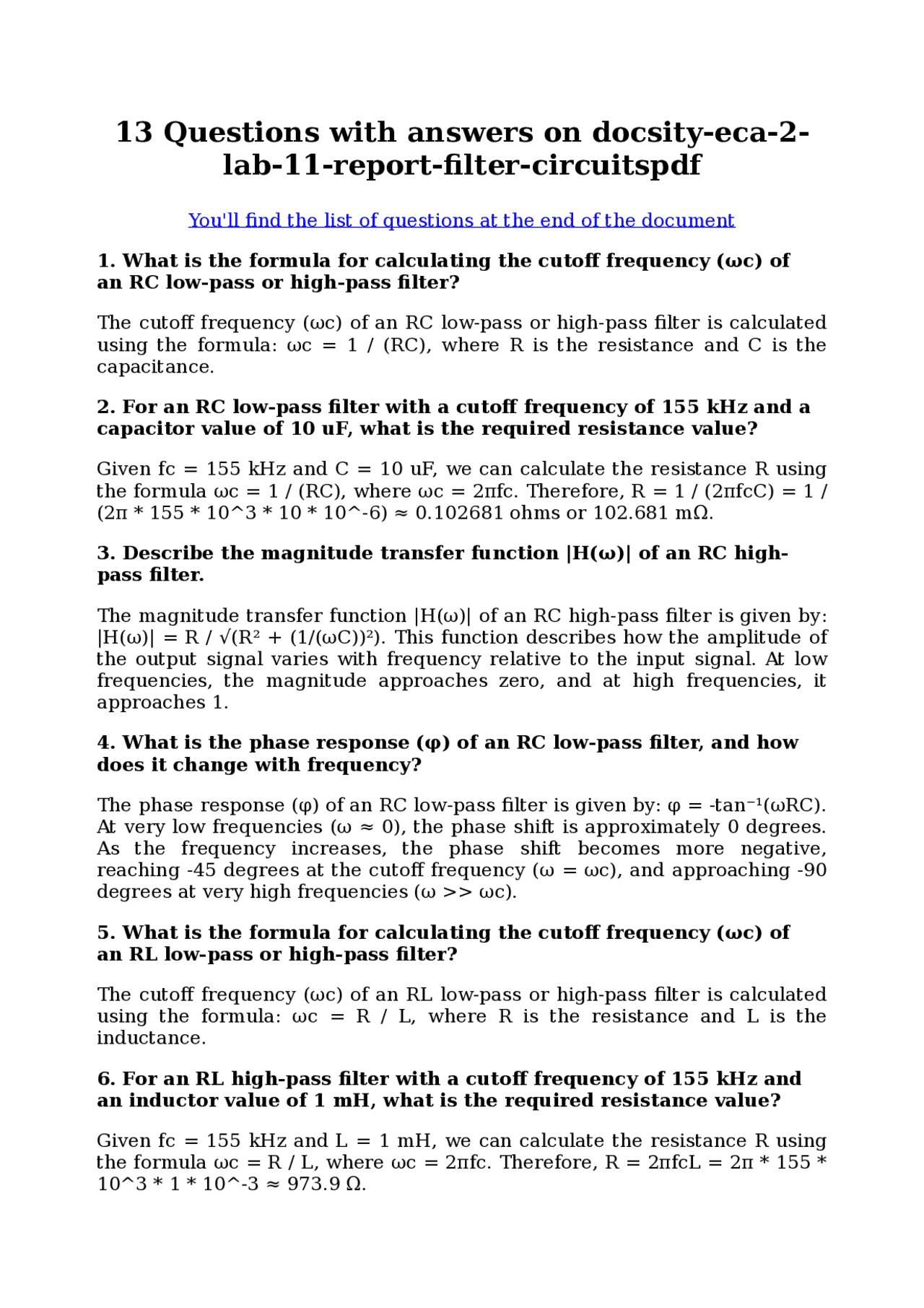 Questions and answers, RC and RL Filter Circuit Design and Analysis ...