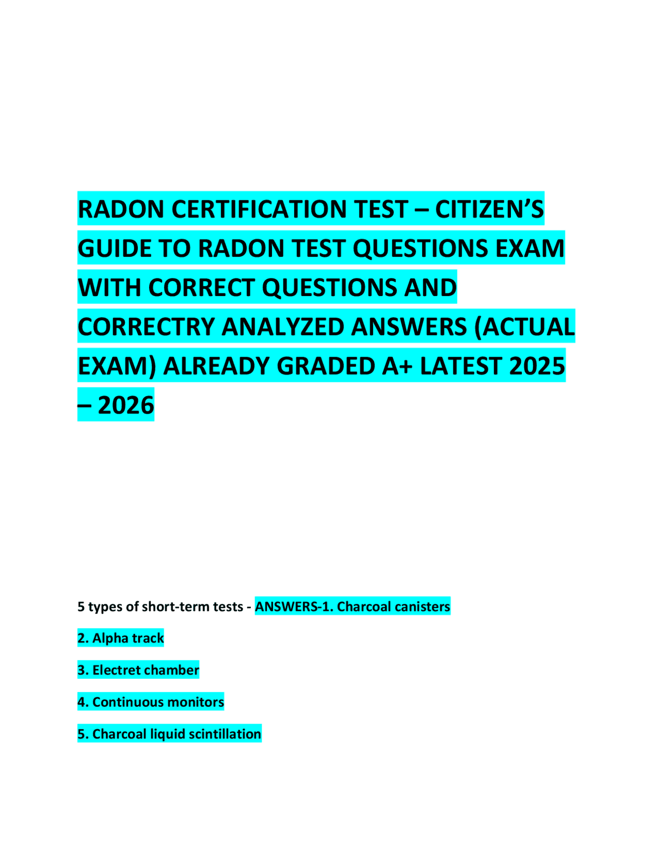 RADON CERTIFICATION TEST – CITIZEN’S GUIDE TO RADON TEST QUESTIONS EXAM ...