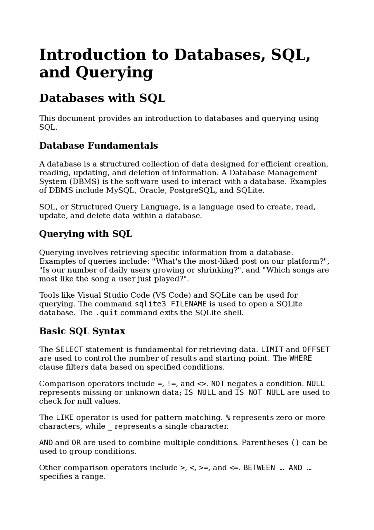 Summary, Introduction to Databases and SQL Querying | Summaries Database Management Systems ...