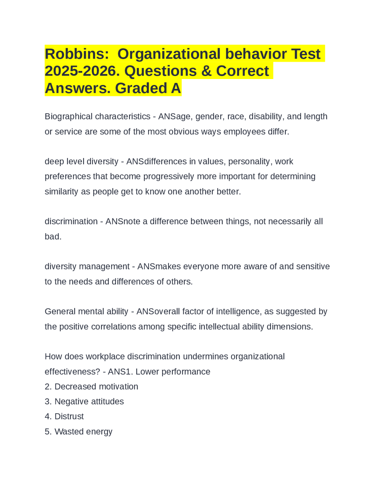 Robbins: Organizational behavior Test 2025-2026. Questions & Correct ...