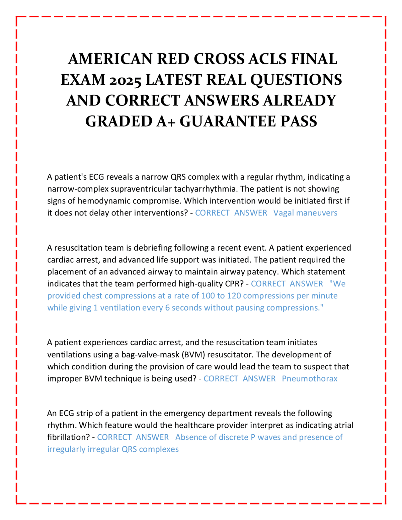 AMERICAN RED CROSS ACLS FINAL EXAM 2025 LATEST REAL QUESTIONS AND ...