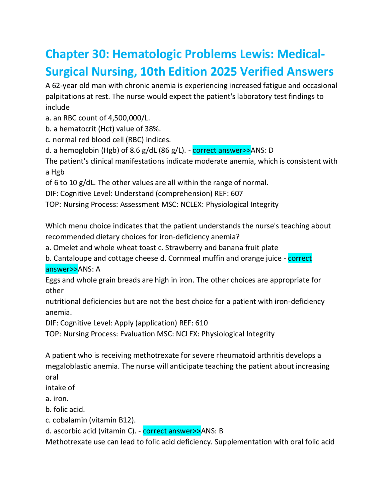 Chapter 30: Hematologic Problems Lewis: Medical Surgical Nursing, 10th Edition 2025 | Exams ...