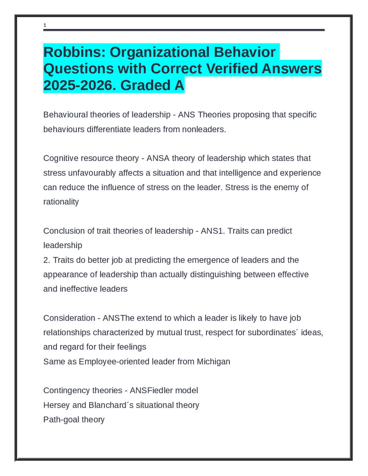 Robbins: Organizational Behavior Questions & Correct Verified Answers ...