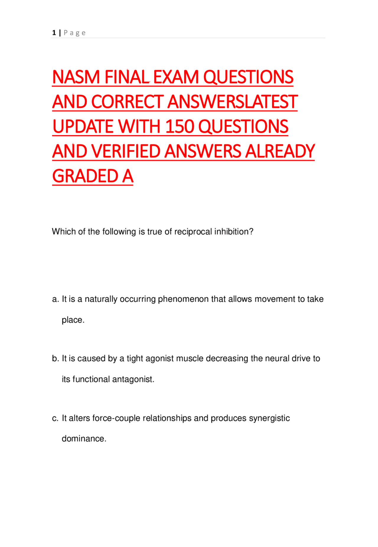 NASM FINAL EXAM QUESTIONS AND CORRECT ANSWERSLATEST UPDATE WITH 150 ...