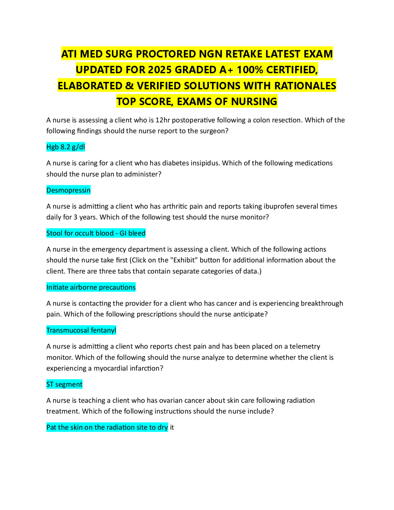 ATI MED SURG PROCTORED NGN RETAKE LATEST EXAM UPDATED FOR 2025 GRADED ...