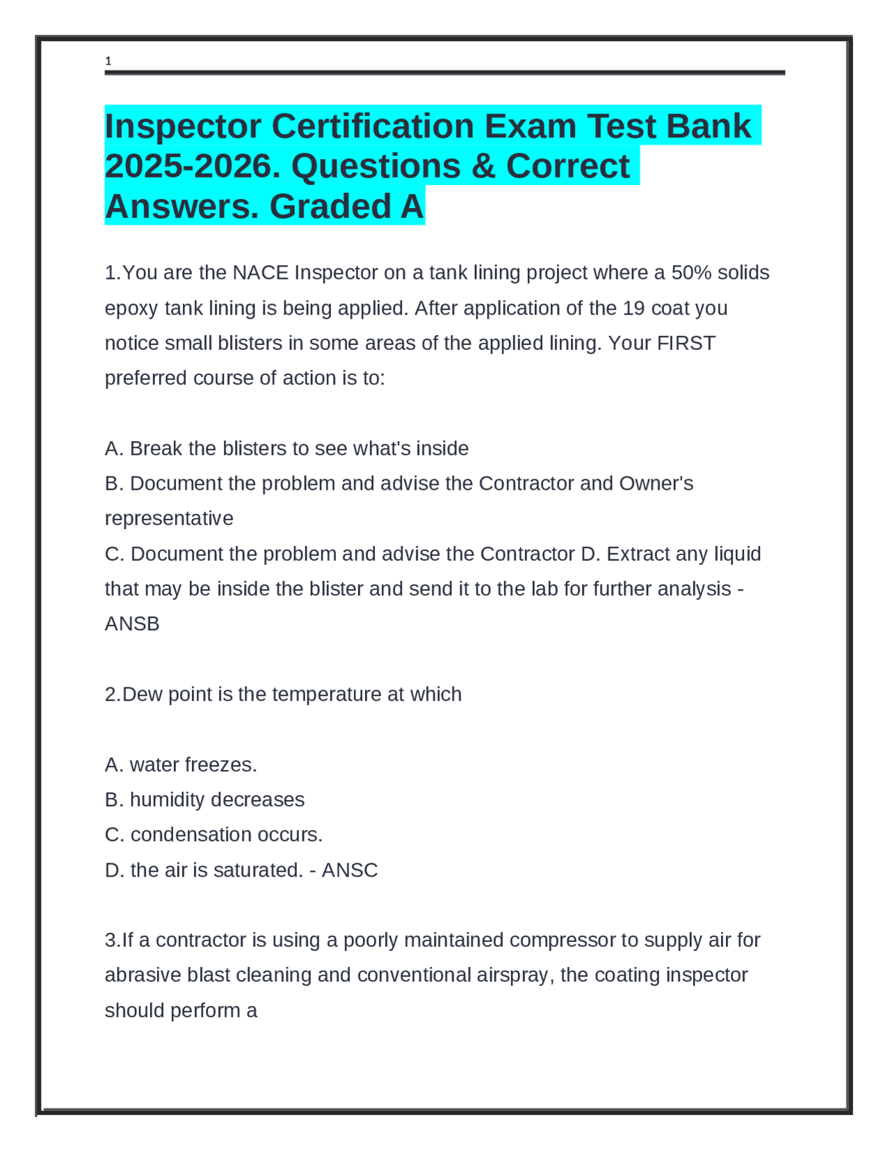 Inspector Certification Exam Test Bank 2025-2026. Questions & Correct ...