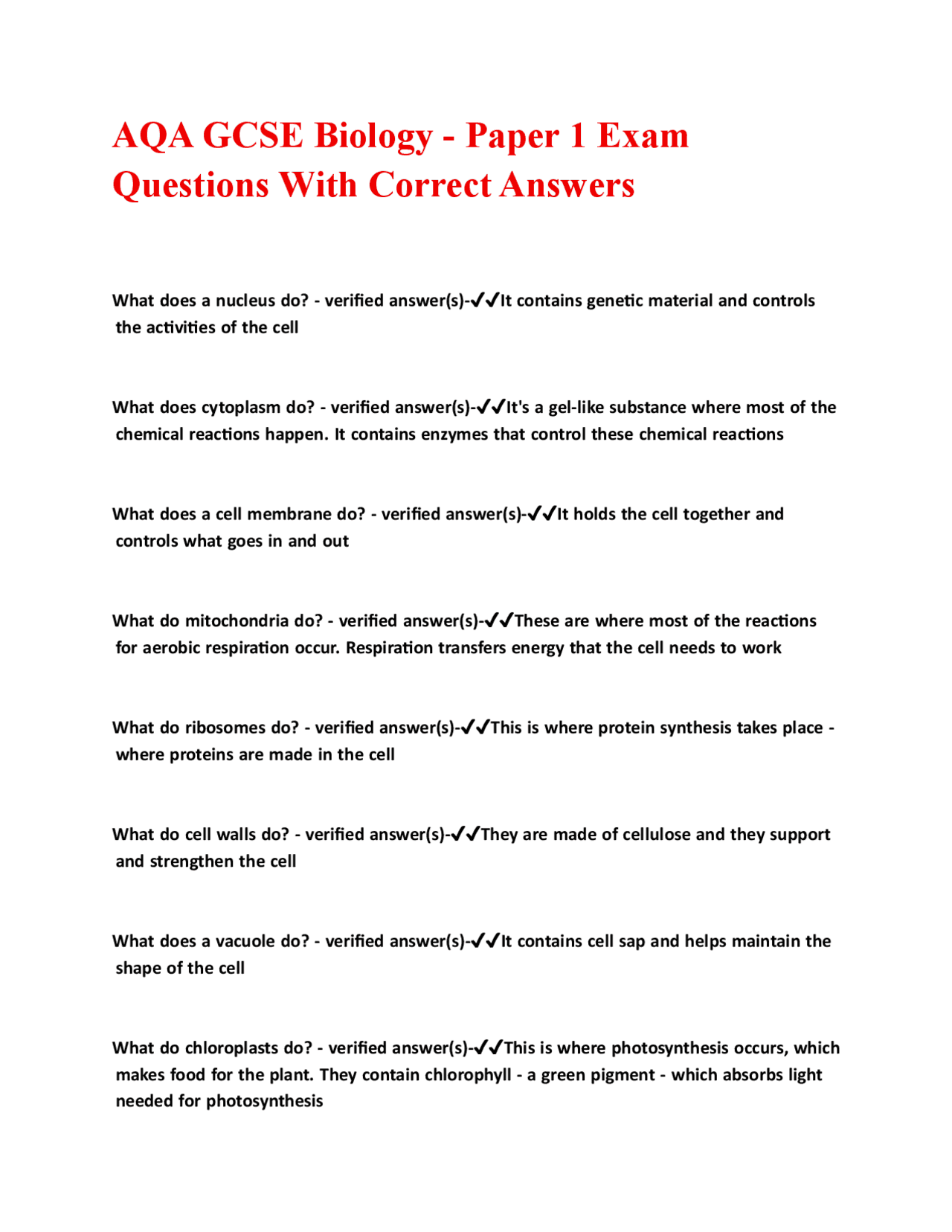 AQA GCSE Biology - Paper 1 Exam Questions With Correct Answers | Exams ...