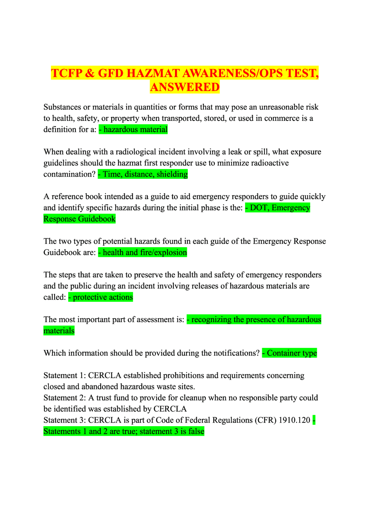 TCFP & GFD HAZMAT AWARENESS OPS TEST Newest update Recently testing ...