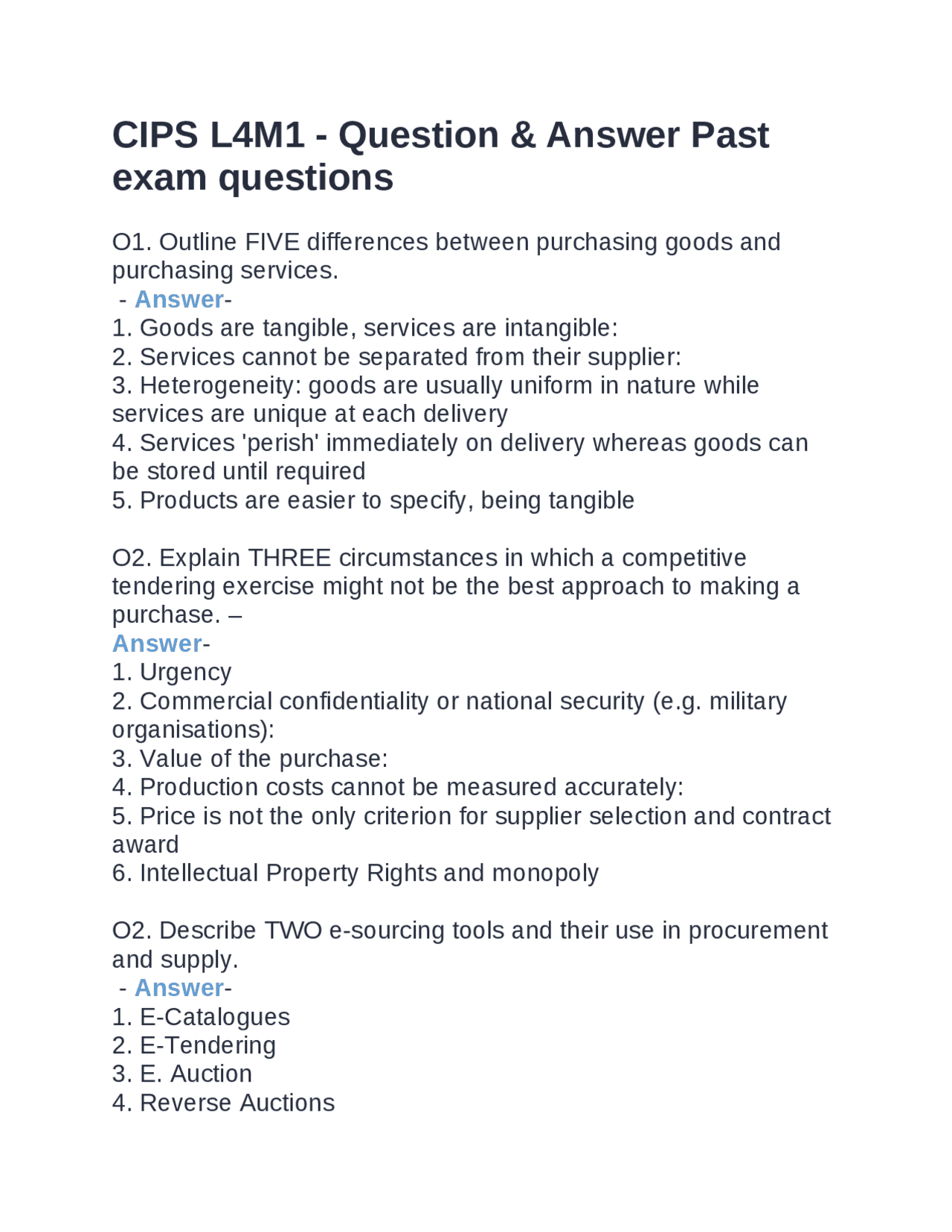 CIPS L4M1 - Question & Answer Past exam questions | Exams Economics ...