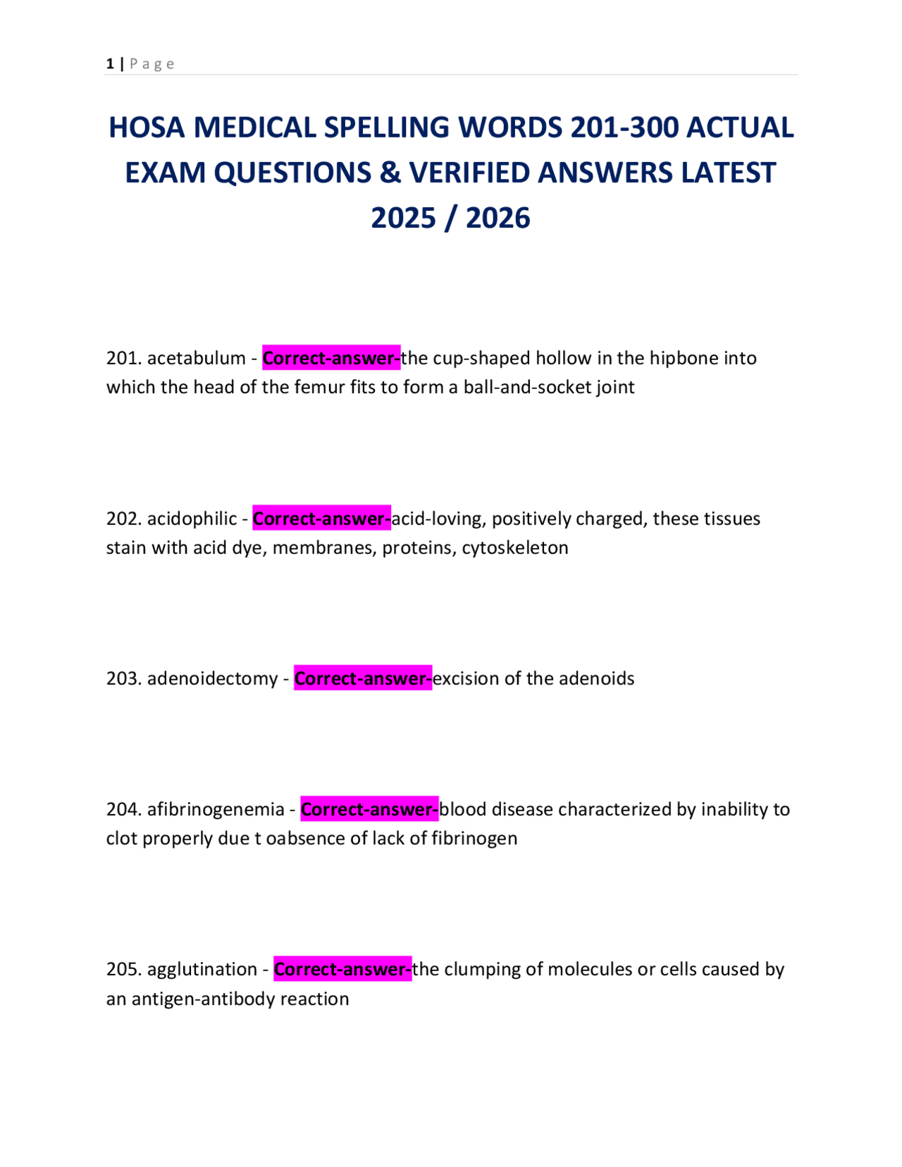 HOSA MEDICAL SPELLING WORDS 201-300 ACTUAL EXAM QUESTIONS & VERIFIED ...