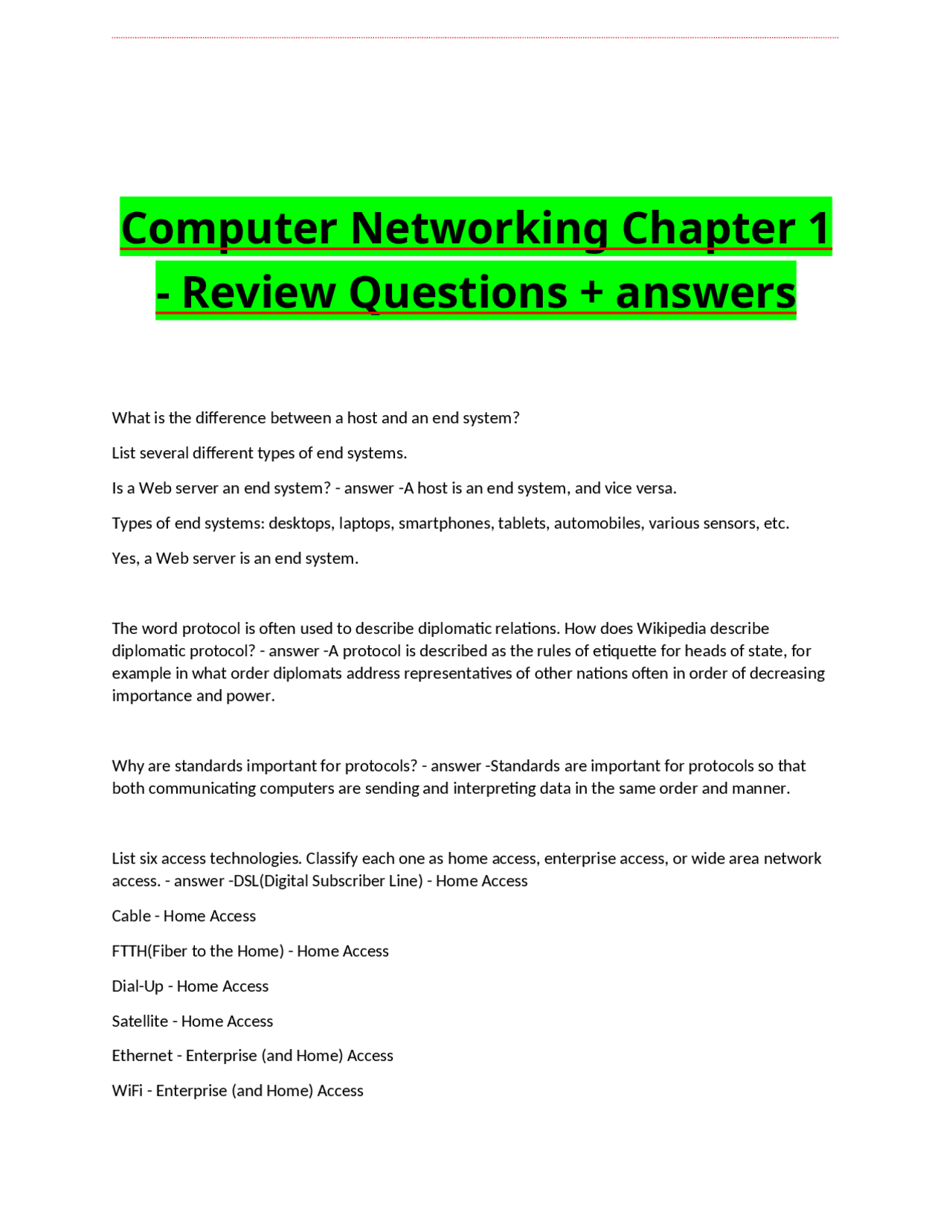Computer Networking Chapter 1 - Review Questions + answers.docx | Exams Nursing | Docsity