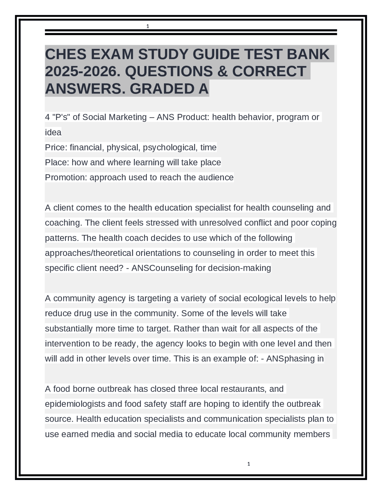 CHES EXAM STUDY GUIDE TEST BANK 2025-2026. QUESTIONS & CORRECT ANSWERS ...