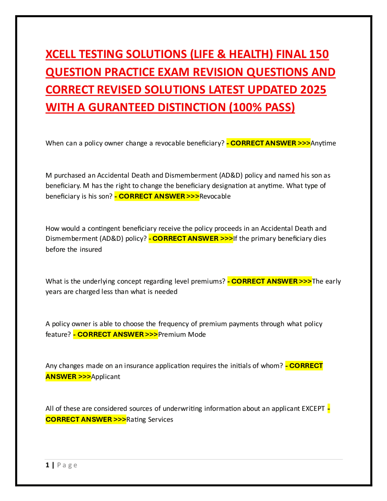 XCELL TESTING SOLUTIONS (LIFE & HEALTH) FINAL 150 QUESTION PRACTICE ...