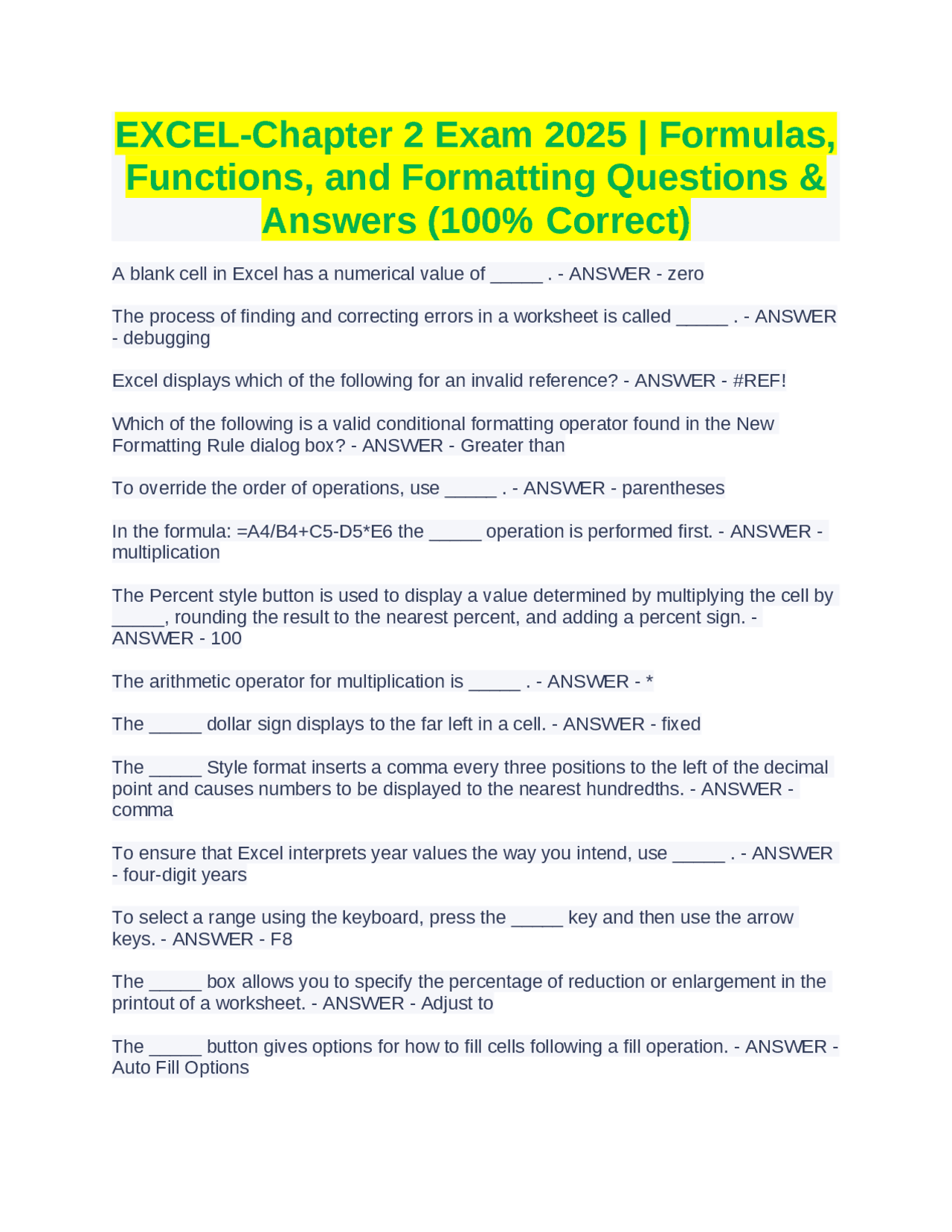EXCEL-Chapter 2 Exam 2025 | Formulas, Functions, and Formatting Questions & Answers (100% ...