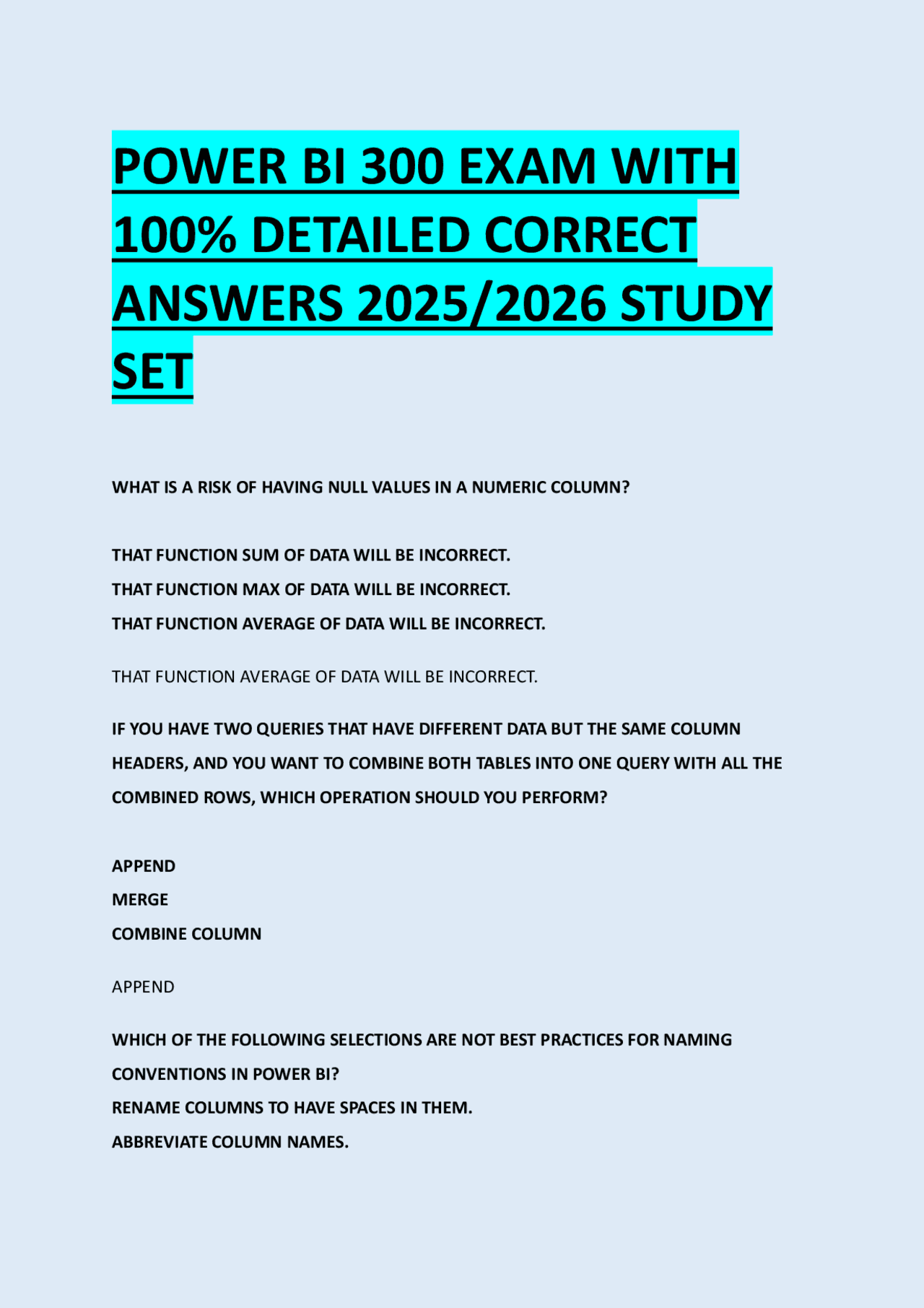 POWER BI 300 EXAM WITH 100% DETAILED CORRECT ANSWERS 2025/2026 STUDY SET | Exams Organization ...