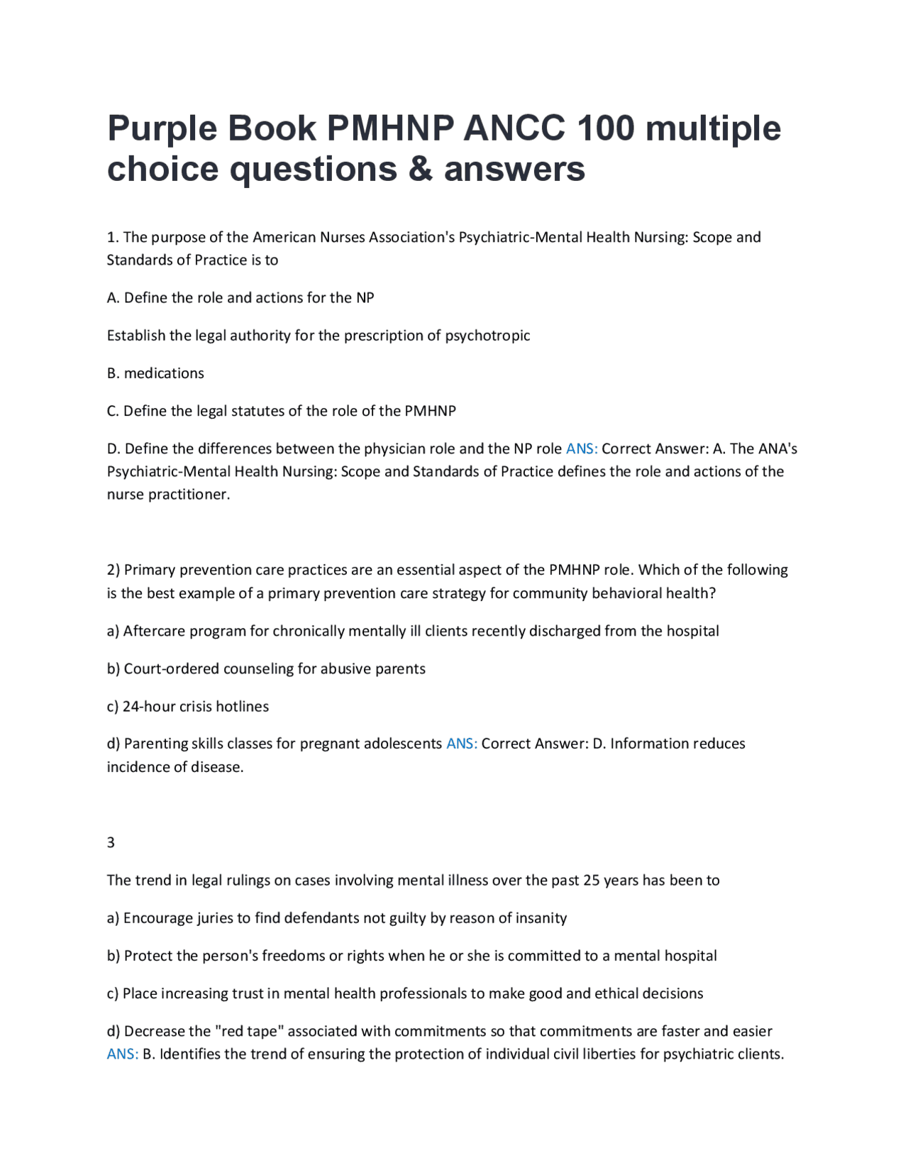 Purple Book PMHNP ANCC 100 multiple choice questions & answers | Exams ...