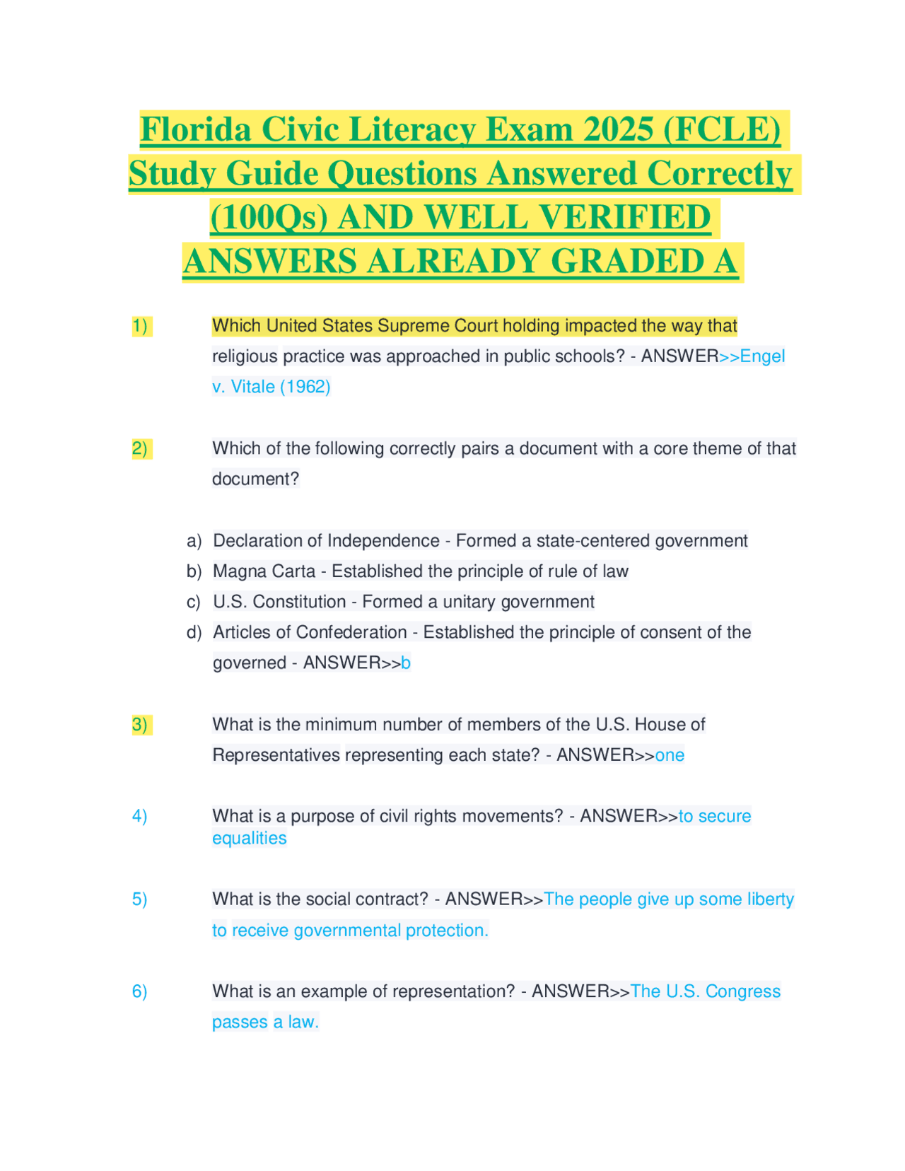 Florida Civic Literacy Exam 2025 (FCLE) Study Guide Questions Answered ...