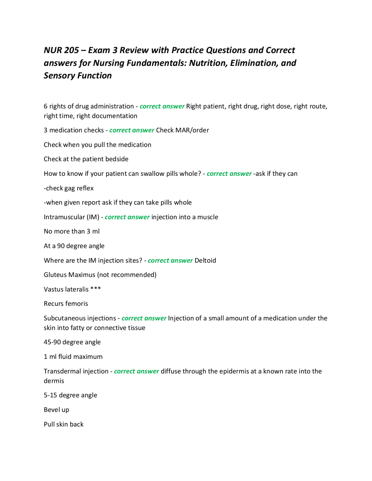 NUR 205 – Exam 3 Review with Practice Questions and Correct answers for ...