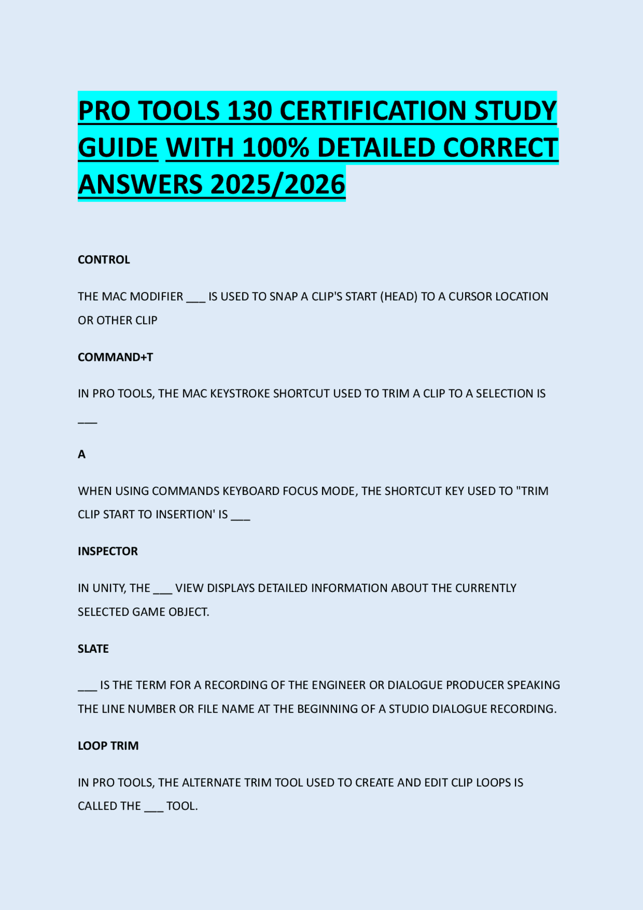 PRO TOOLS 130 CERTIFICATION STUDY GUIDE WITH 100% DETAILED CORRECT ...
