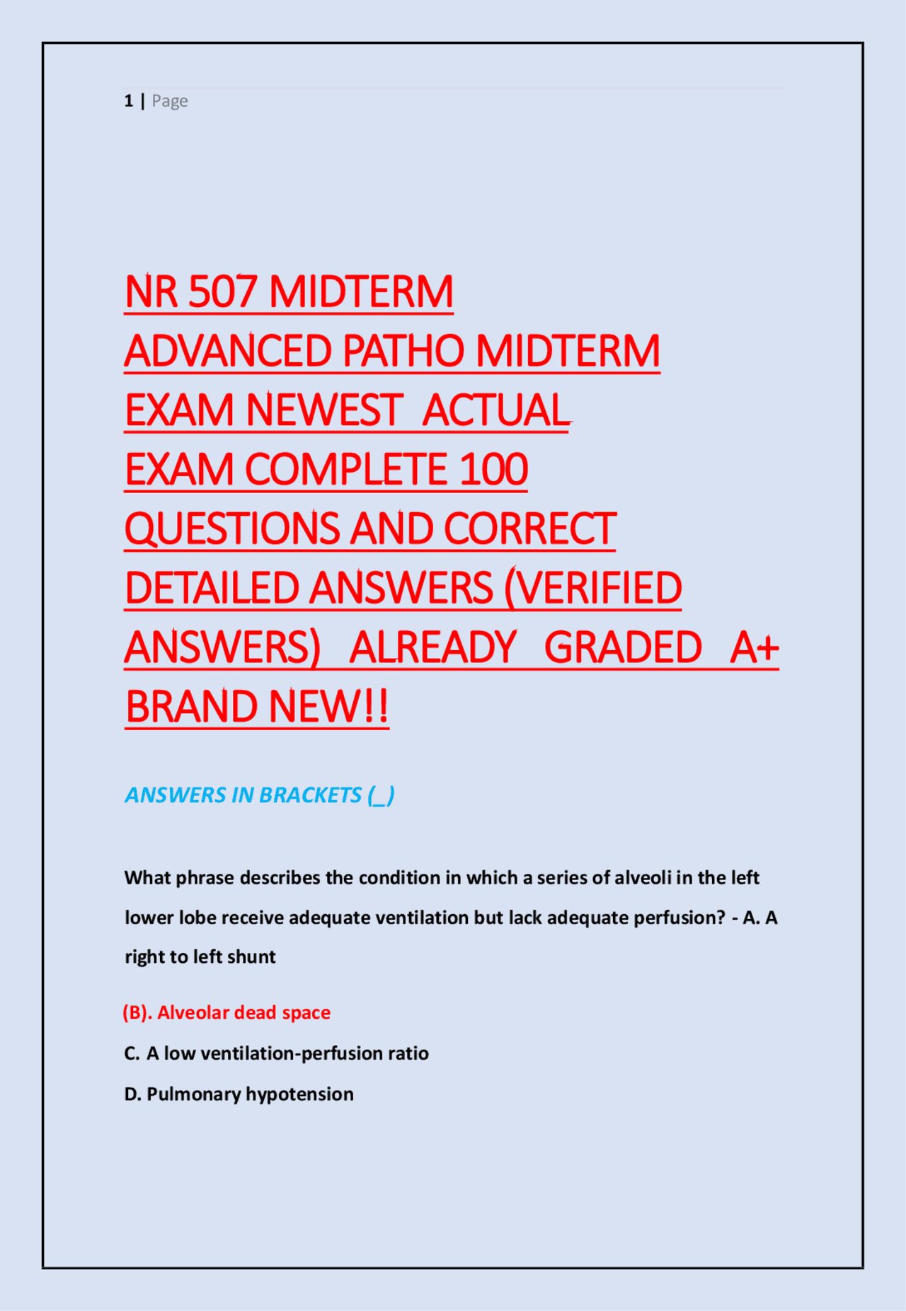 NR 507 MIDTERM ADVANCED PATHO MIDTERM EXAM NEWEST ACTUAL EXAM COMPLETE ...